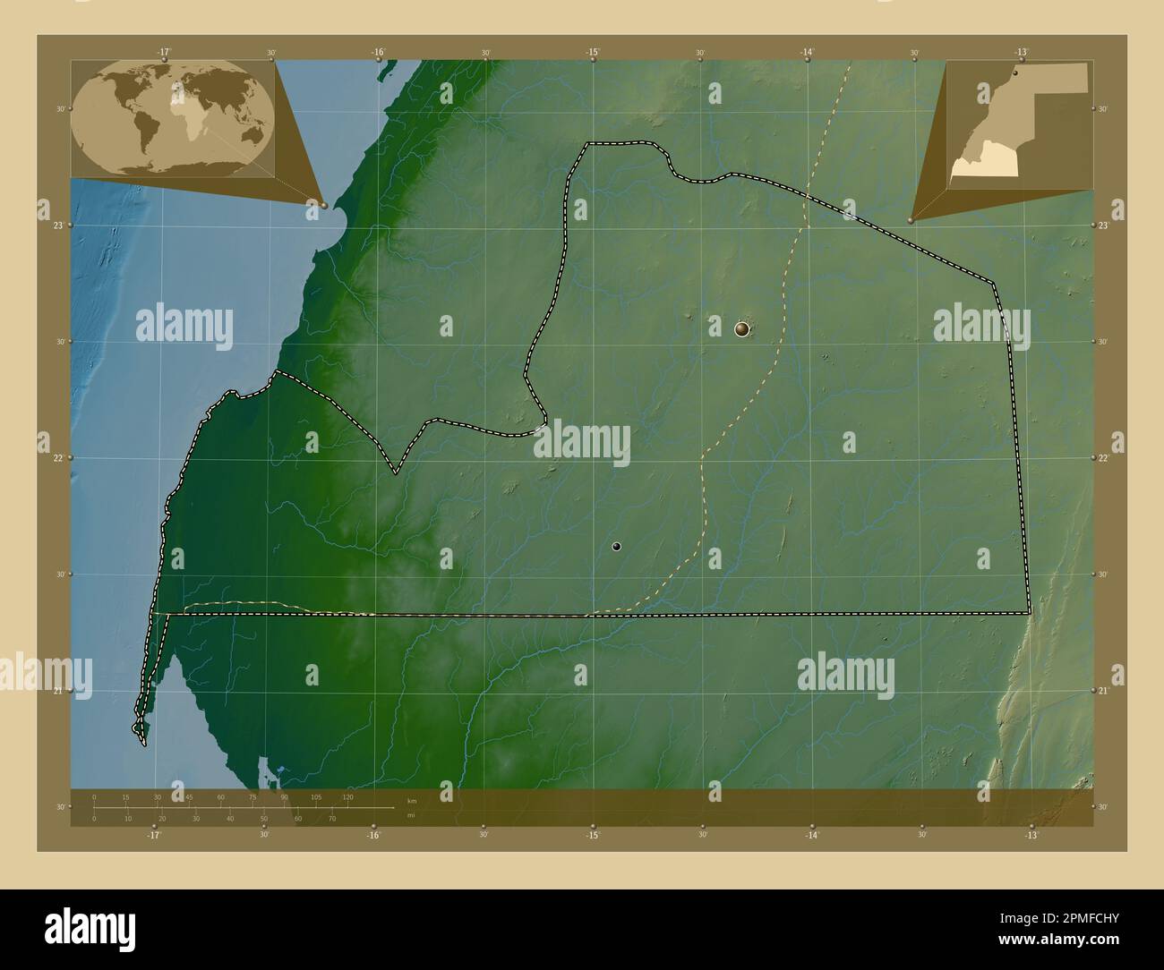 Aousserd, province of Western Sahara. Colored elevation map with lakes ...