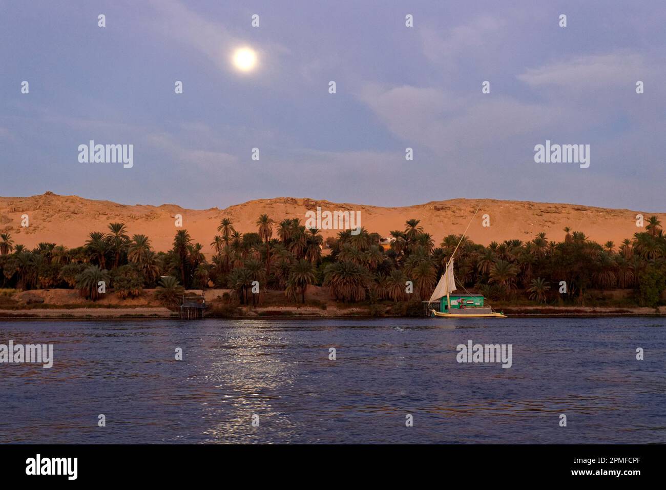 Egypt, Upper Egypt, Nile Valley, Full moon at Nile river banks Stock ...