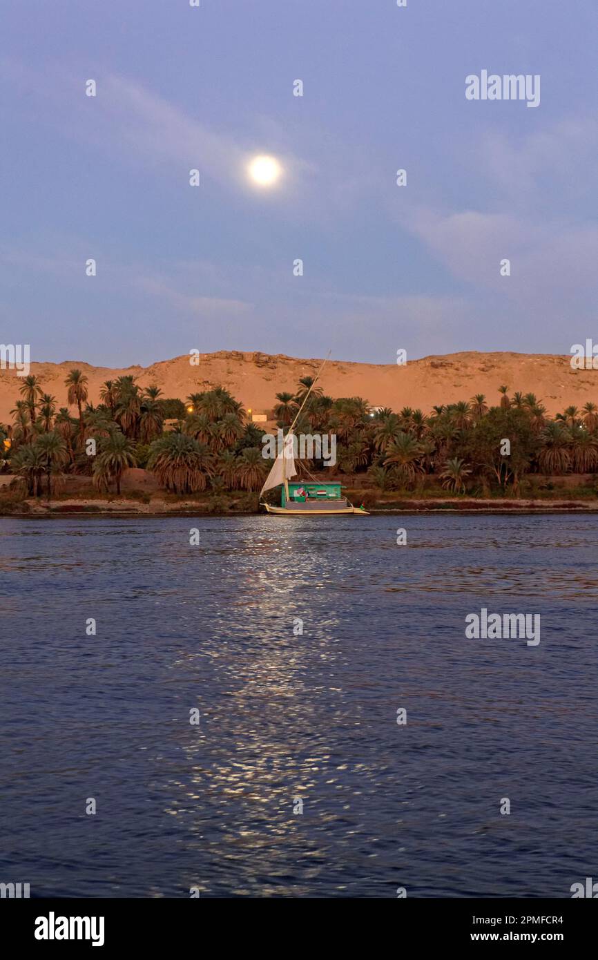 Egypt, Upper Egypt, Nile Valley, Full moon at Nile river banks Stock ...