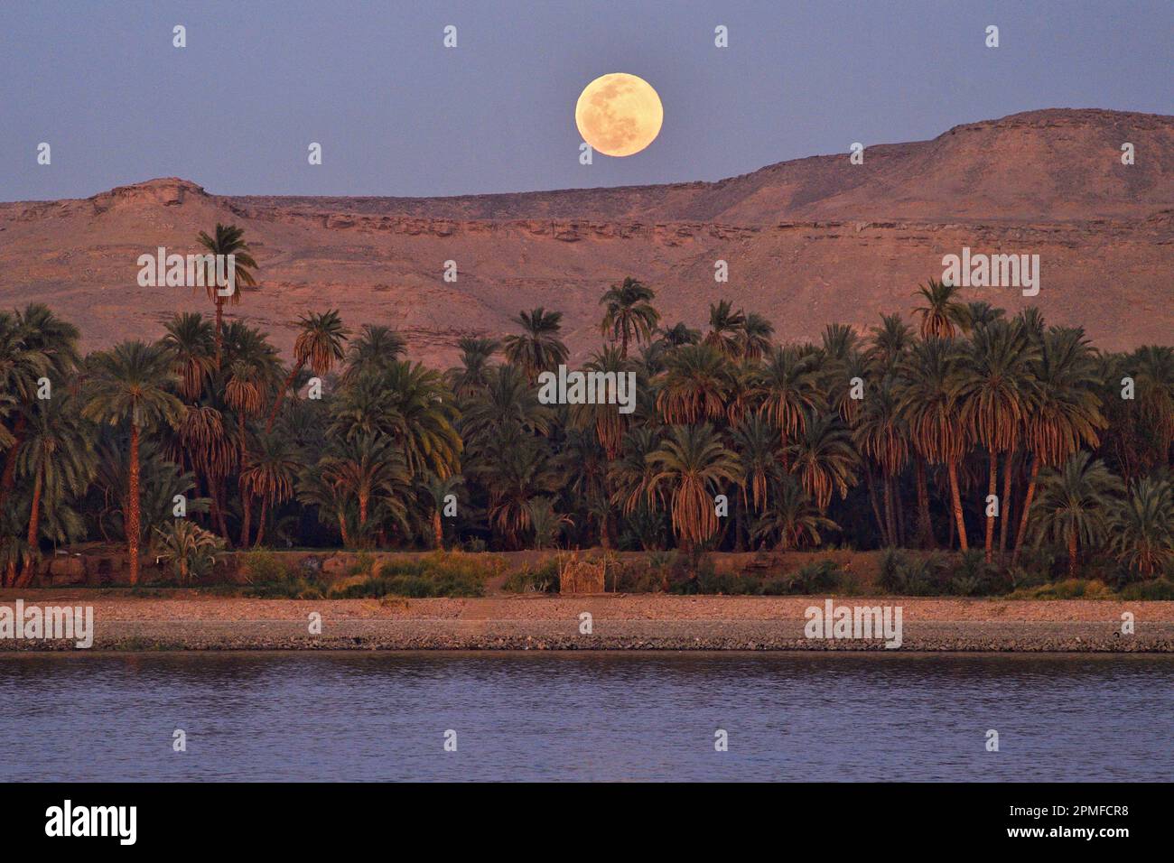 Egypt, Upper Egypt, Nile Valley, Full moon at Nile river banks Stock ...