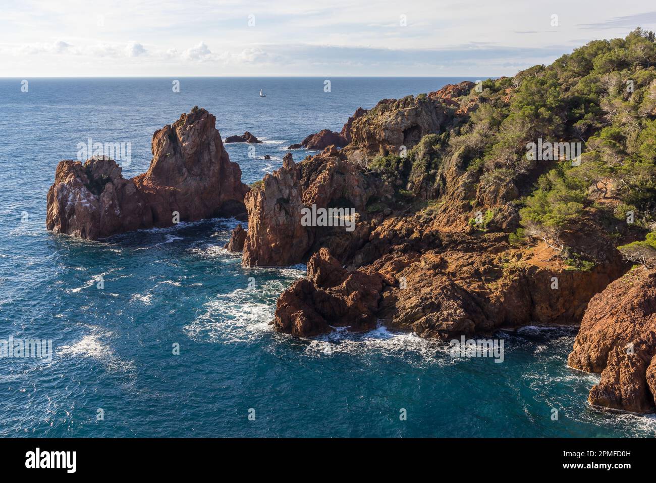 Rocky coastline at Cape Dramont, Esterel, Cote d'Azur, French Riviera ...
