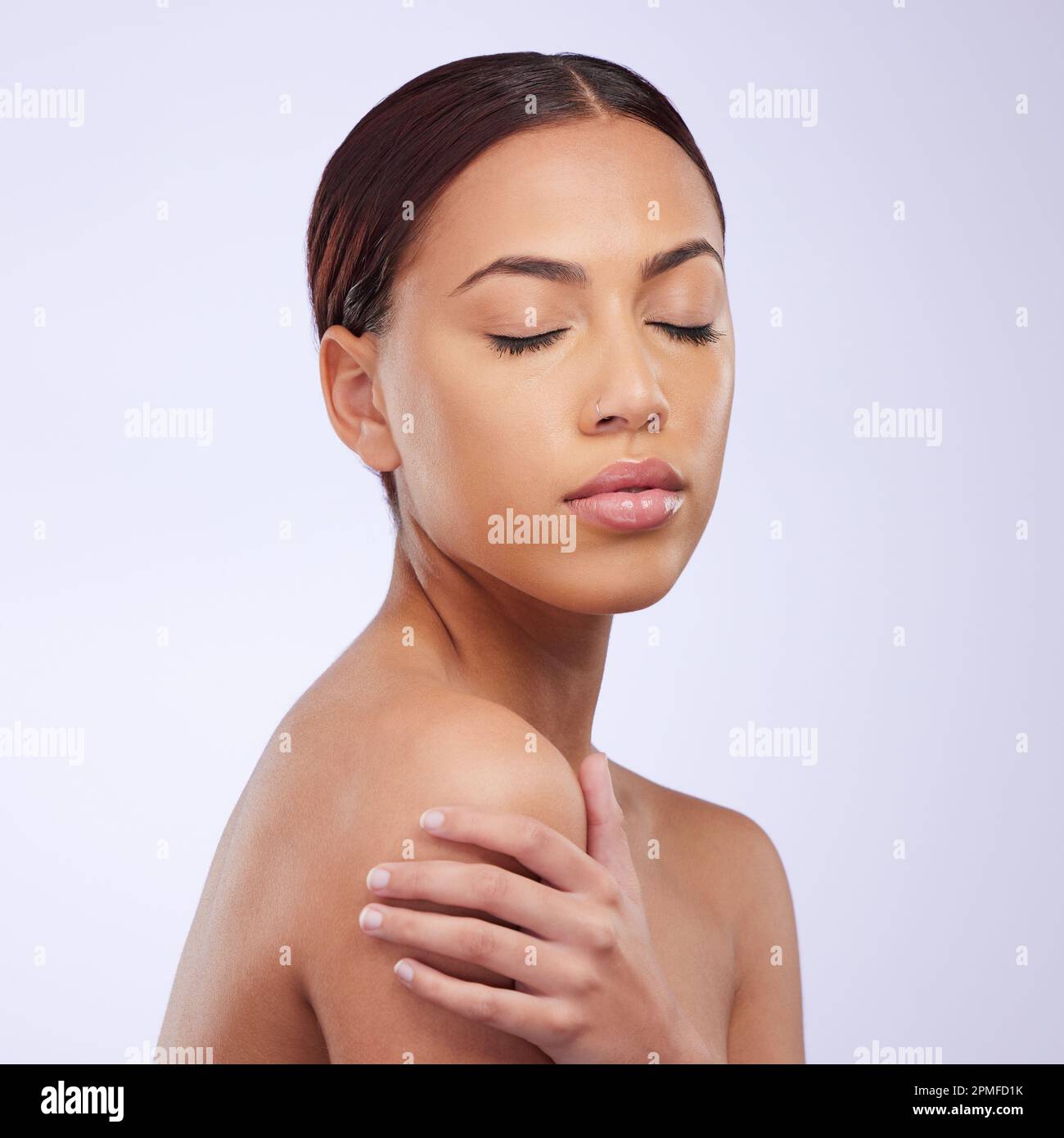 Face, eyes closed or natural makeup on girl in studio isolated on white ...