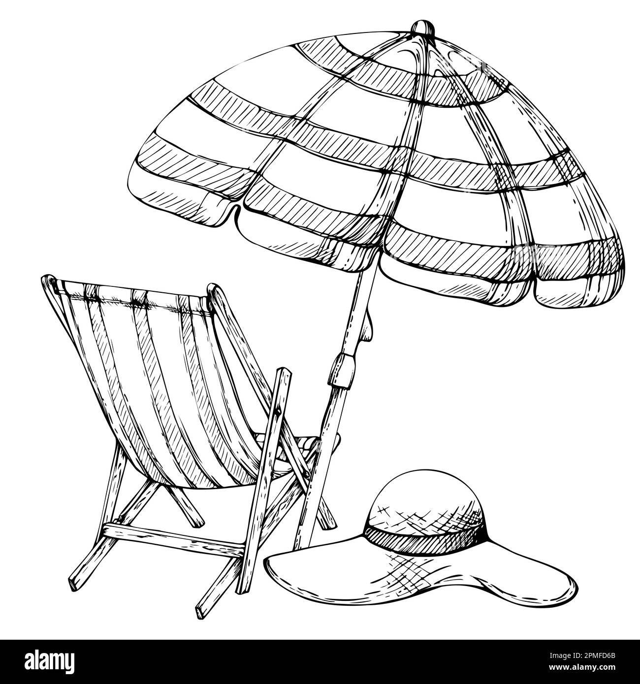 Hand Drawn Vector Ink Composition Seascape With Beach Chair Striped
