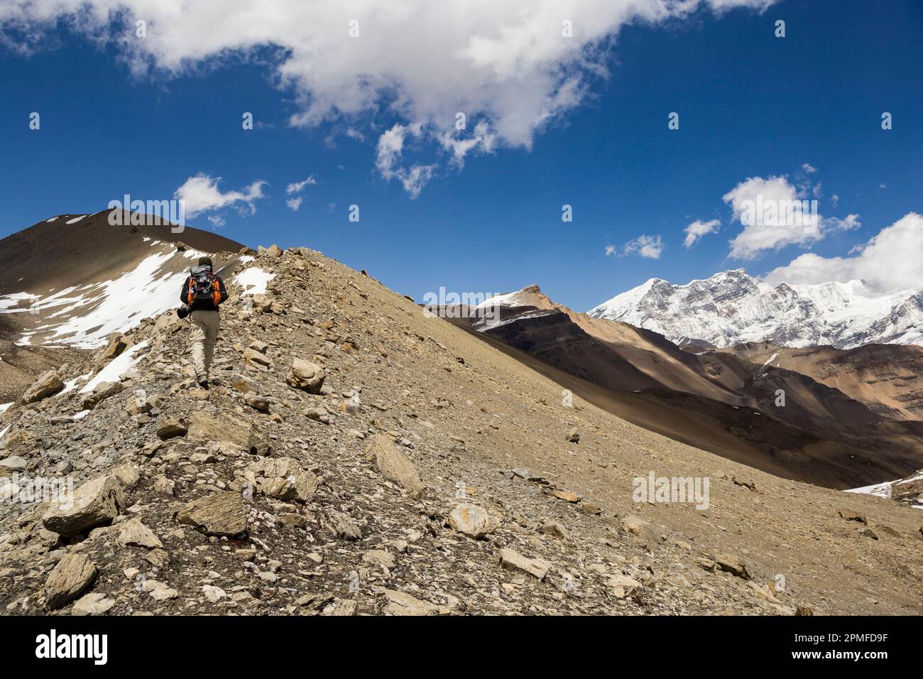 Nepal, Annapurna Conservation Area Project, Hiker walking offtrail near ...