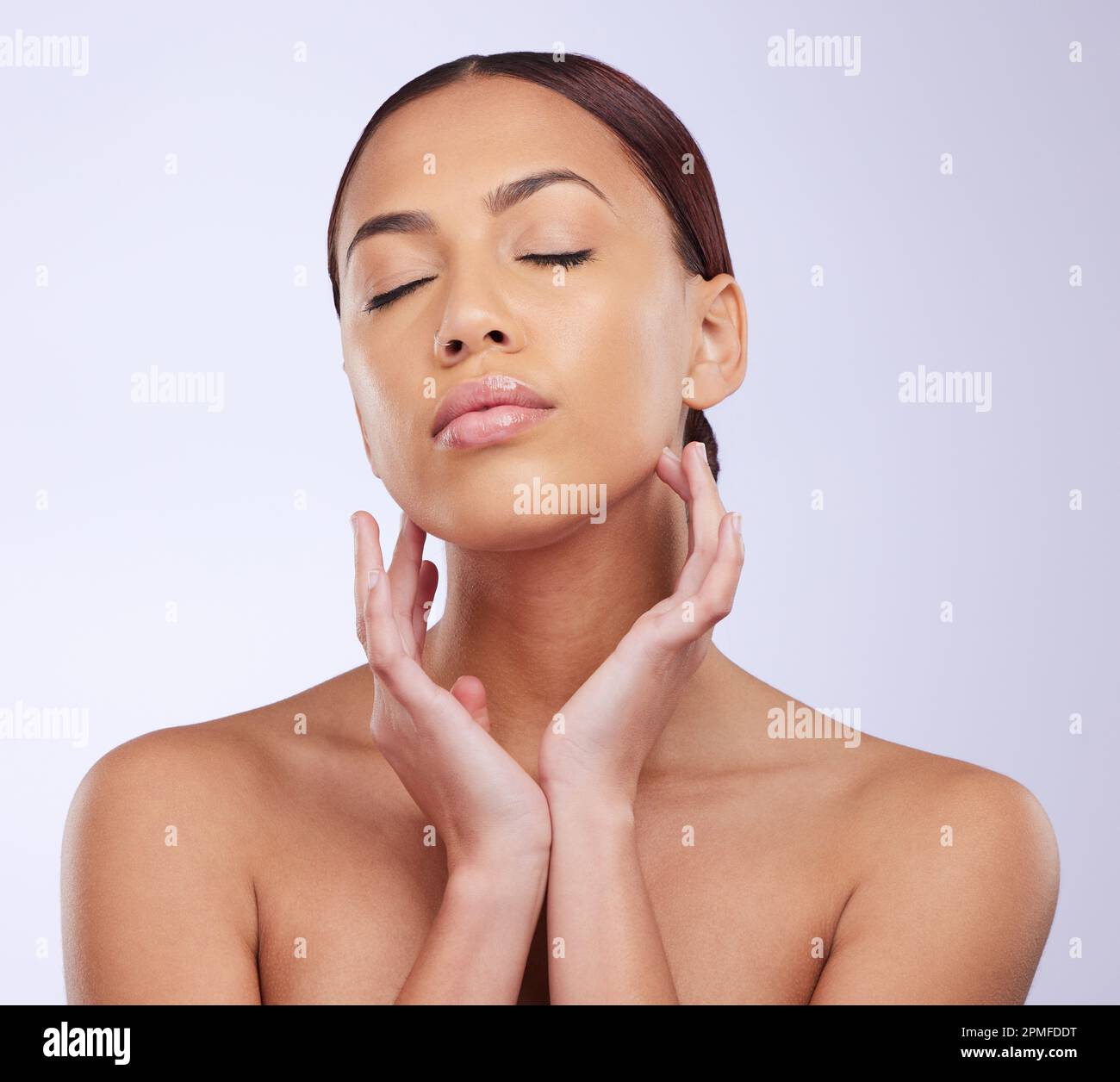 Face, eyes closed or natural makeup on woman in studio isolated on ...