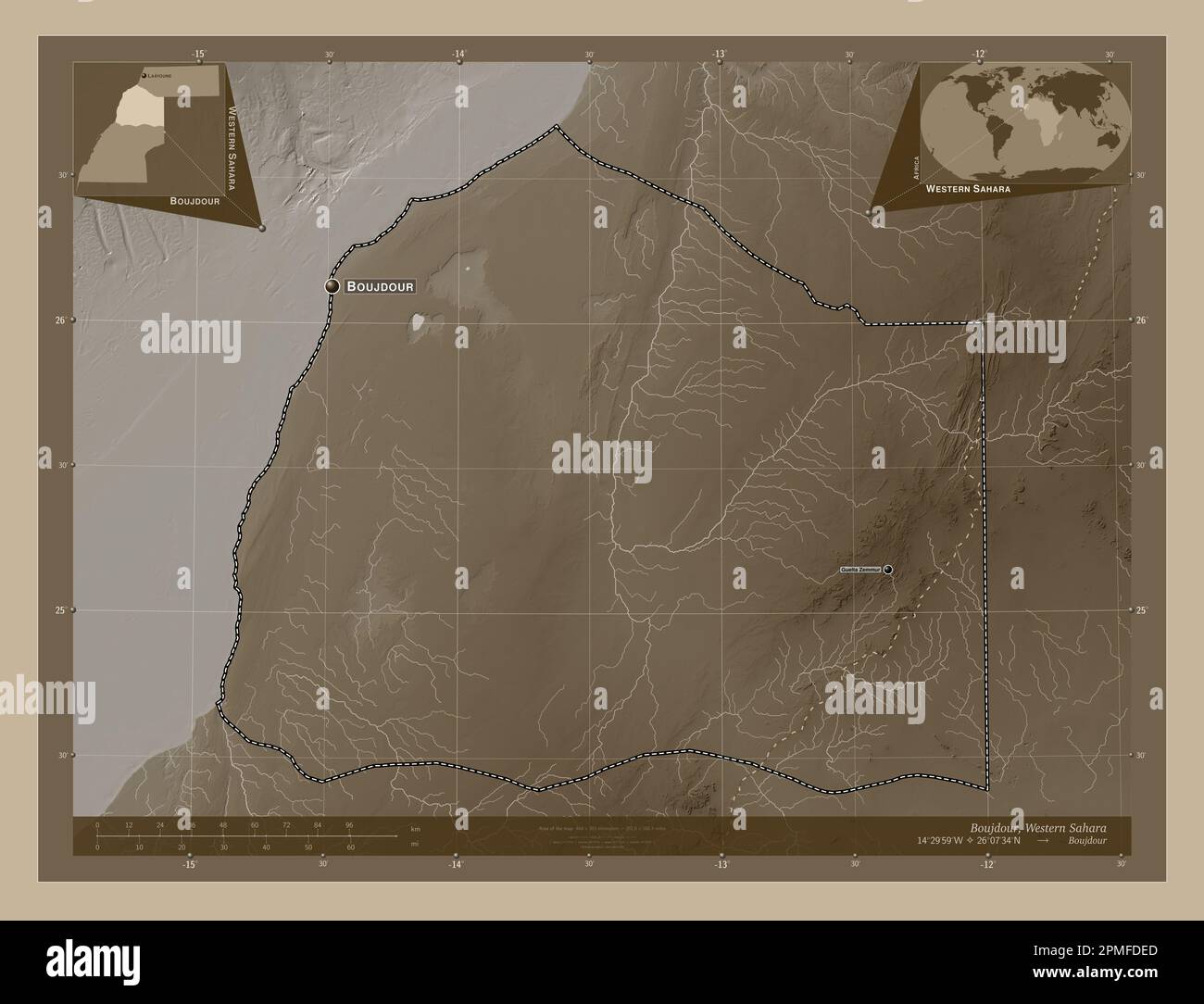 Boujdour, province of Western Sahara. Elevation map colored in sepia ...