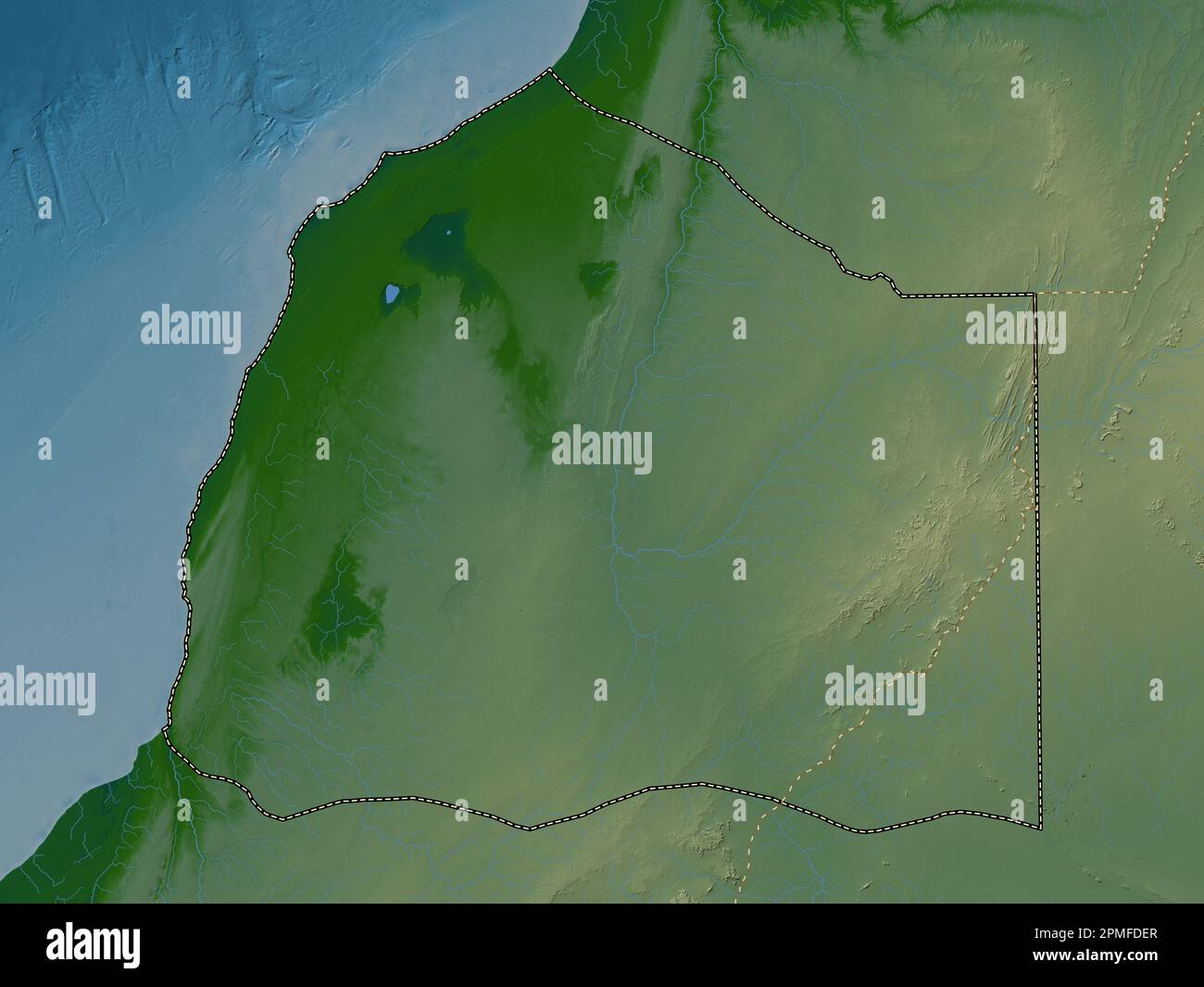 Boujdour, province of Western Sahara. Colored elevation map with lakes ...