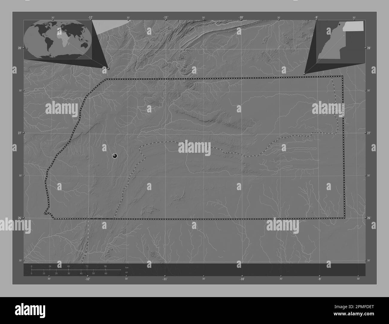Es Semara, province of Western Sahara. Bilevel elevation map with lakes ...