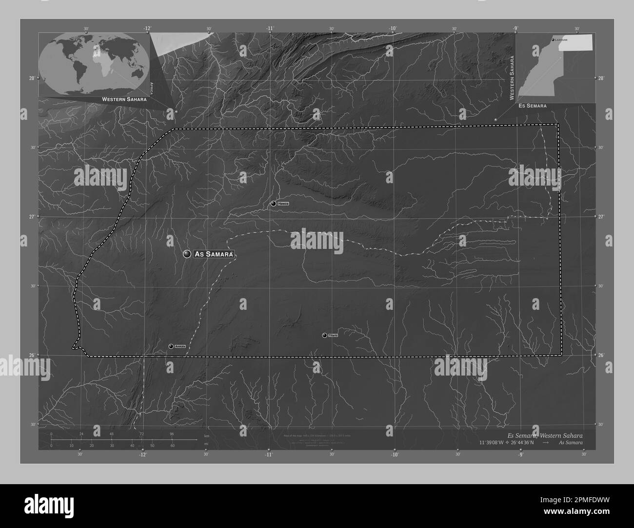 Es Semara, province of Western Sahara. Grayscale elevation map with ...