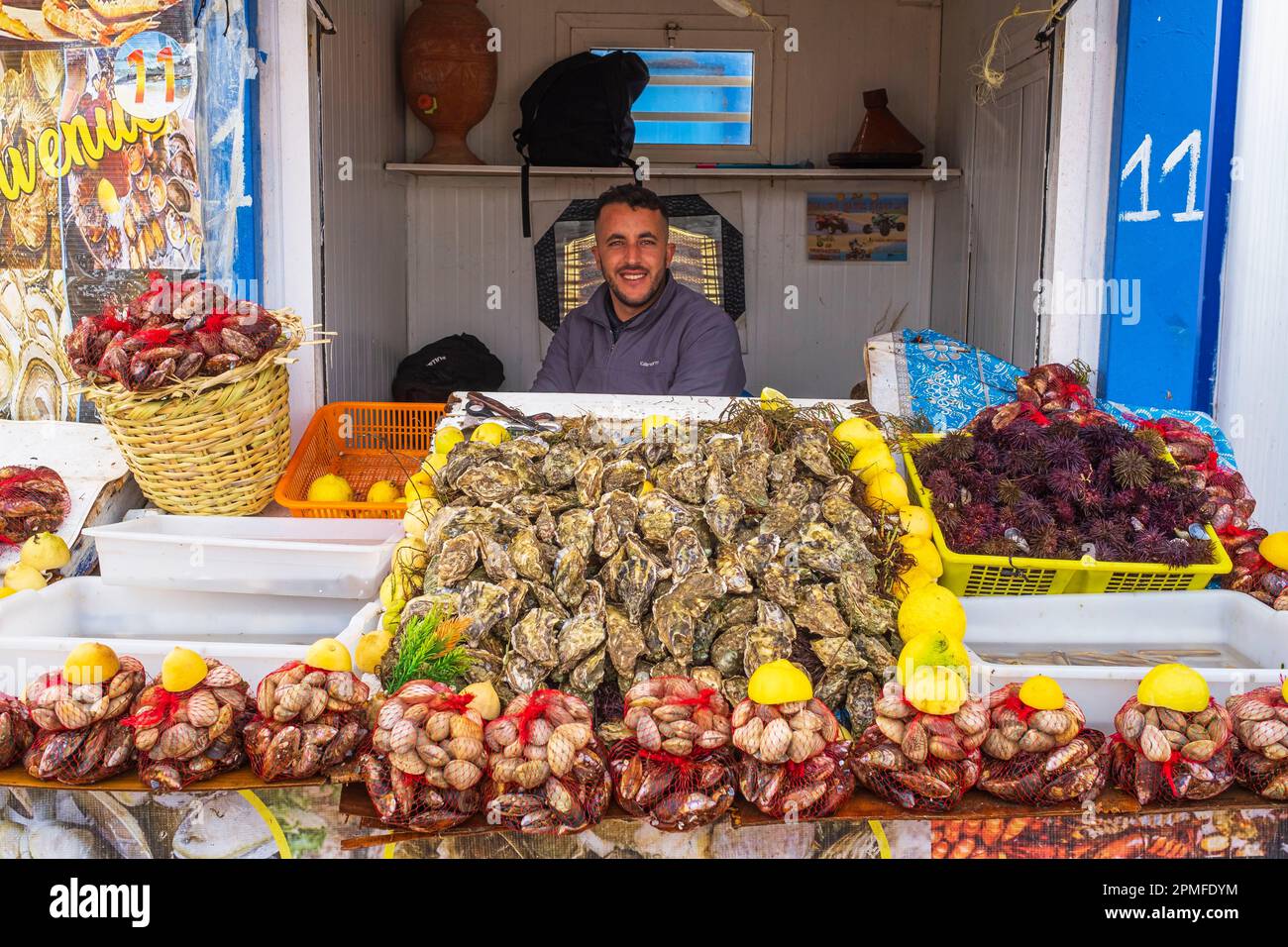Morocco, province of Sidi Bennour, Oualidia, oyster and seafood seller ...