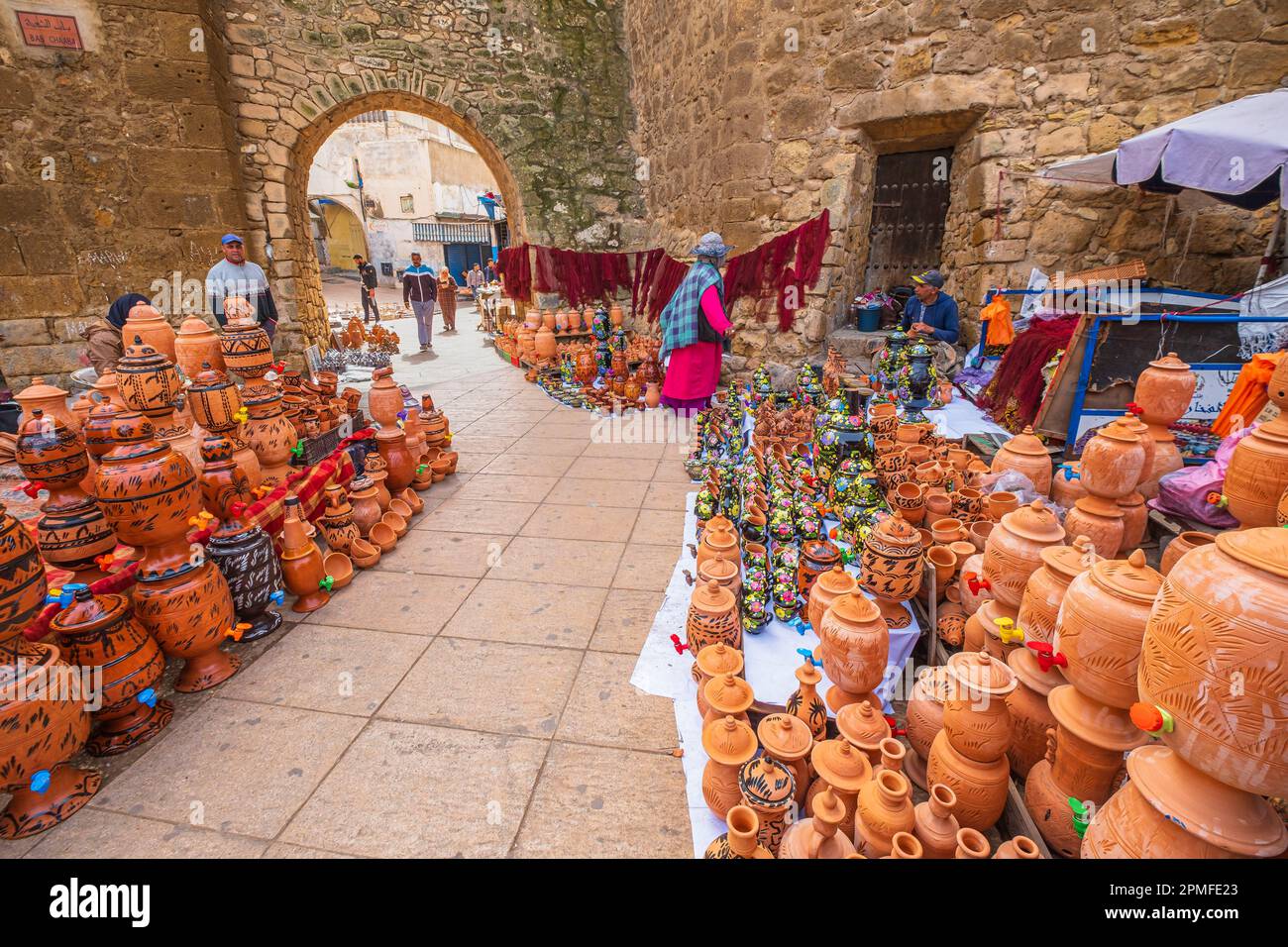 Morocco, Safi, sale of pottery at the foot of the ramparts of the ...
