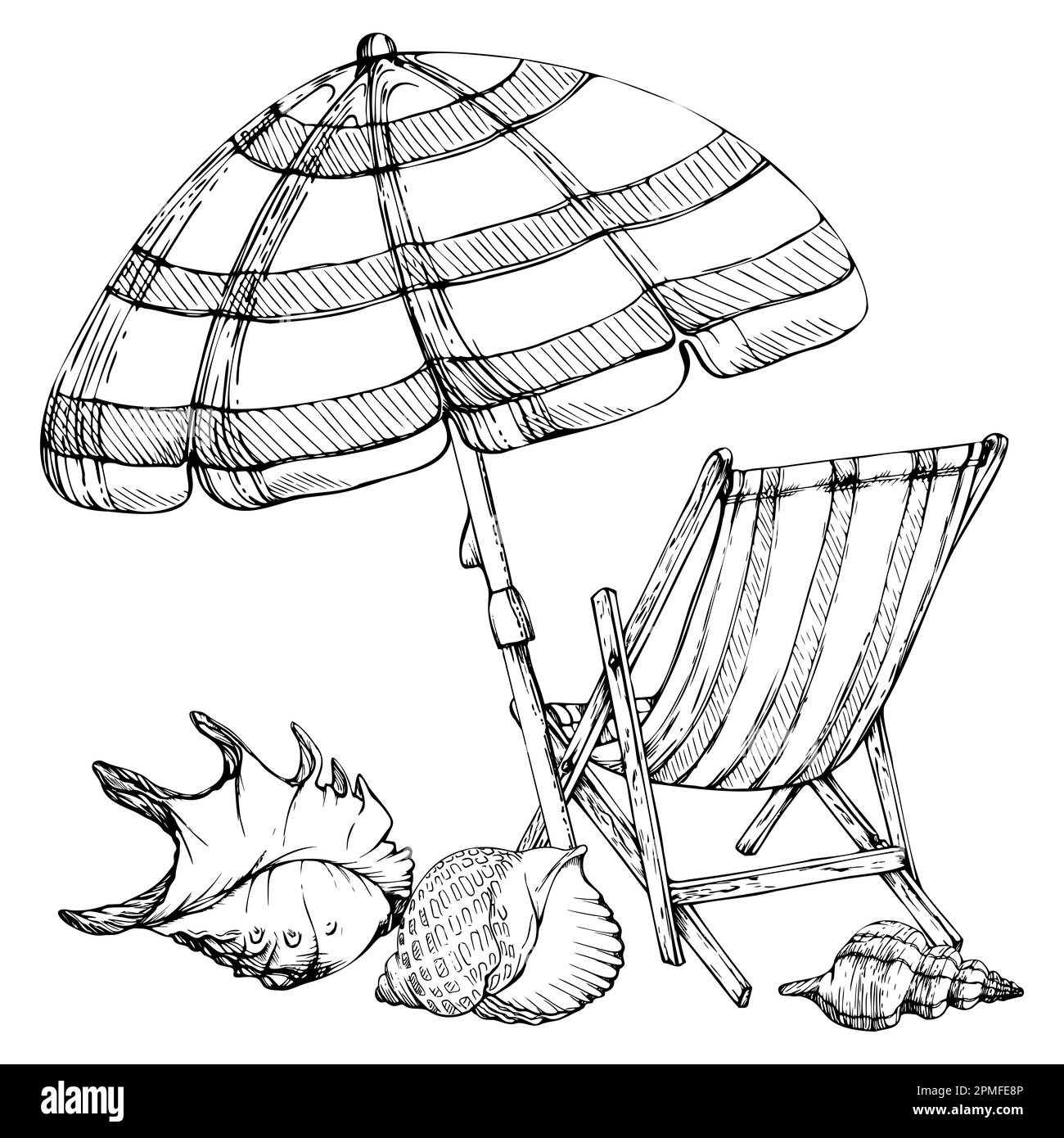 Hand drawn vector ink composition. Seascape with beach chair and ...