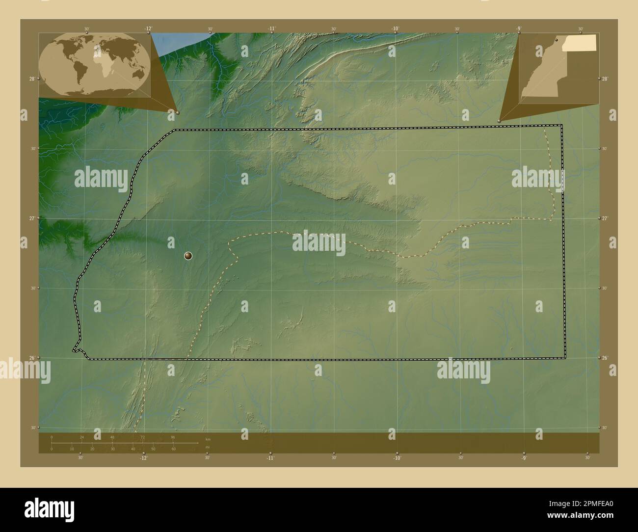 Es Semara, province of Western Sahara. Colored elevation map with lakes ...