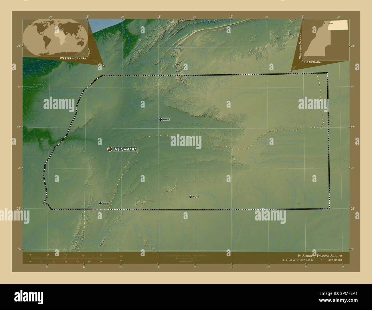 Es Semara, province of Western Sahara. Colored elevation map with lakes ...