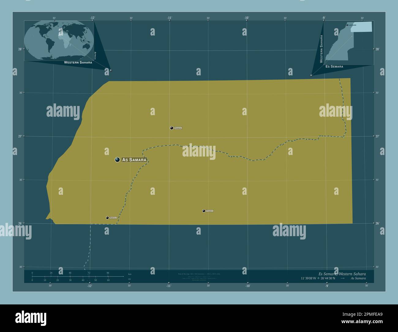 Es Semara, province of Western Sahara. Solid color shape. Locations and ...