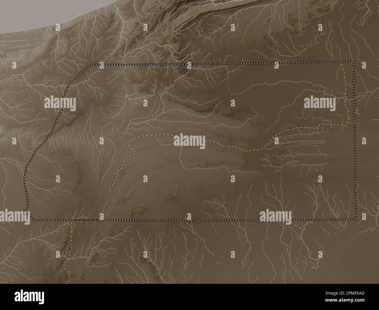 Es Semara, province of Western Sahara. Elevation map colored in sepia ...
