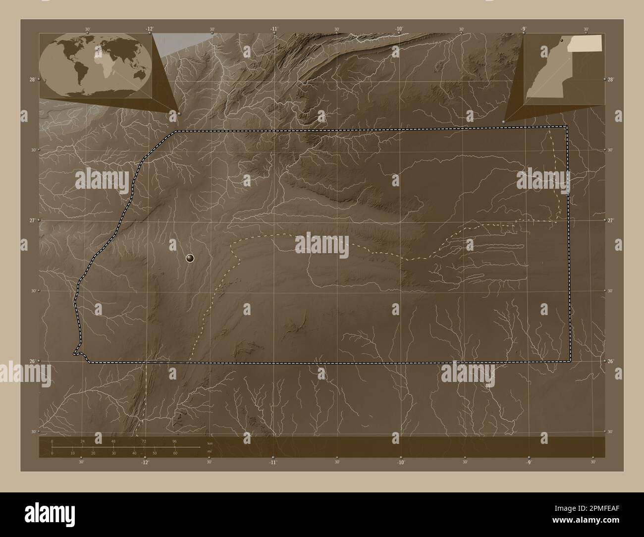 Es Semara, province of Western Sahara. Elevation map colored in sepia ...