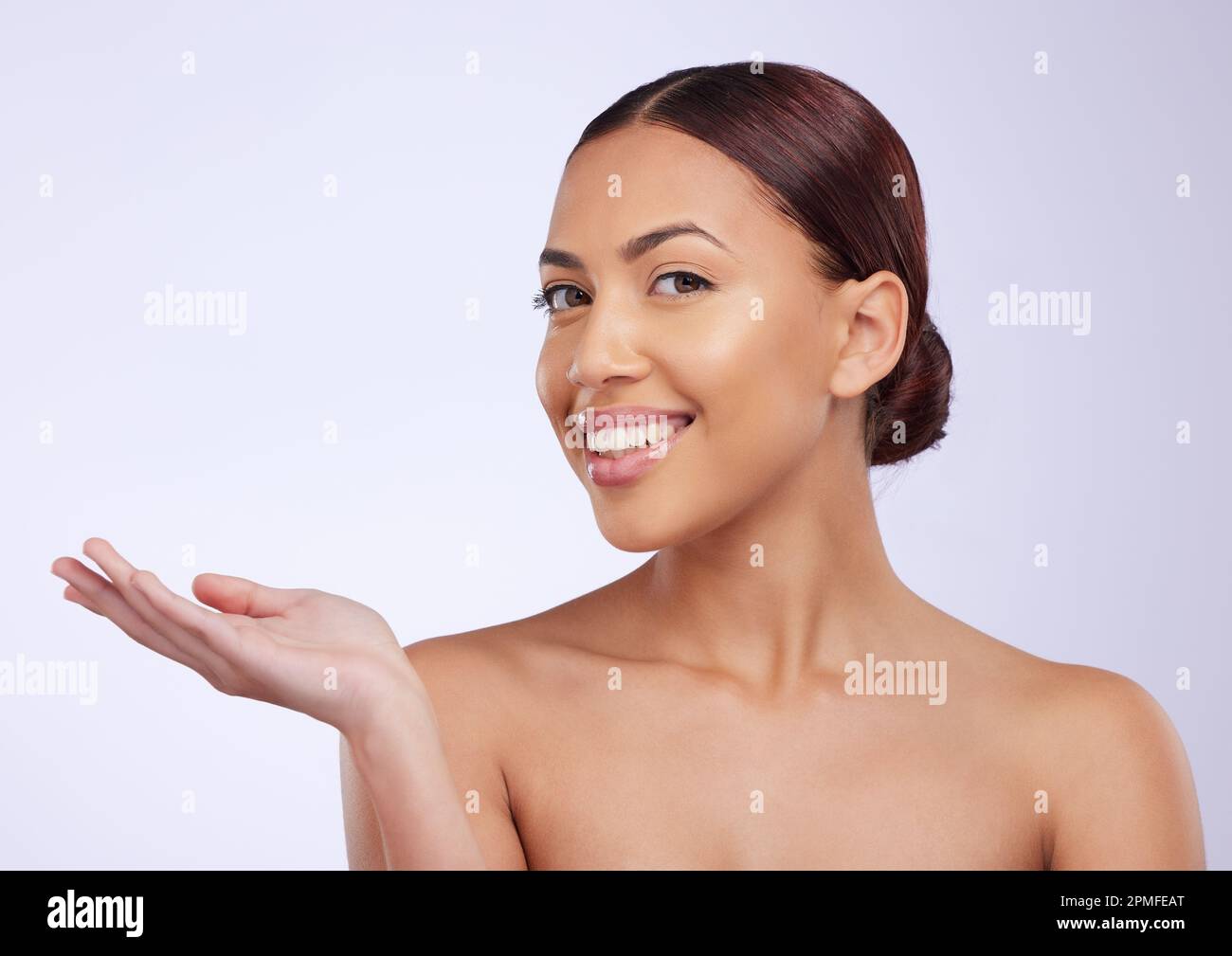 Woman, skincare and portrait with open hand for mockup space, beauty or ...