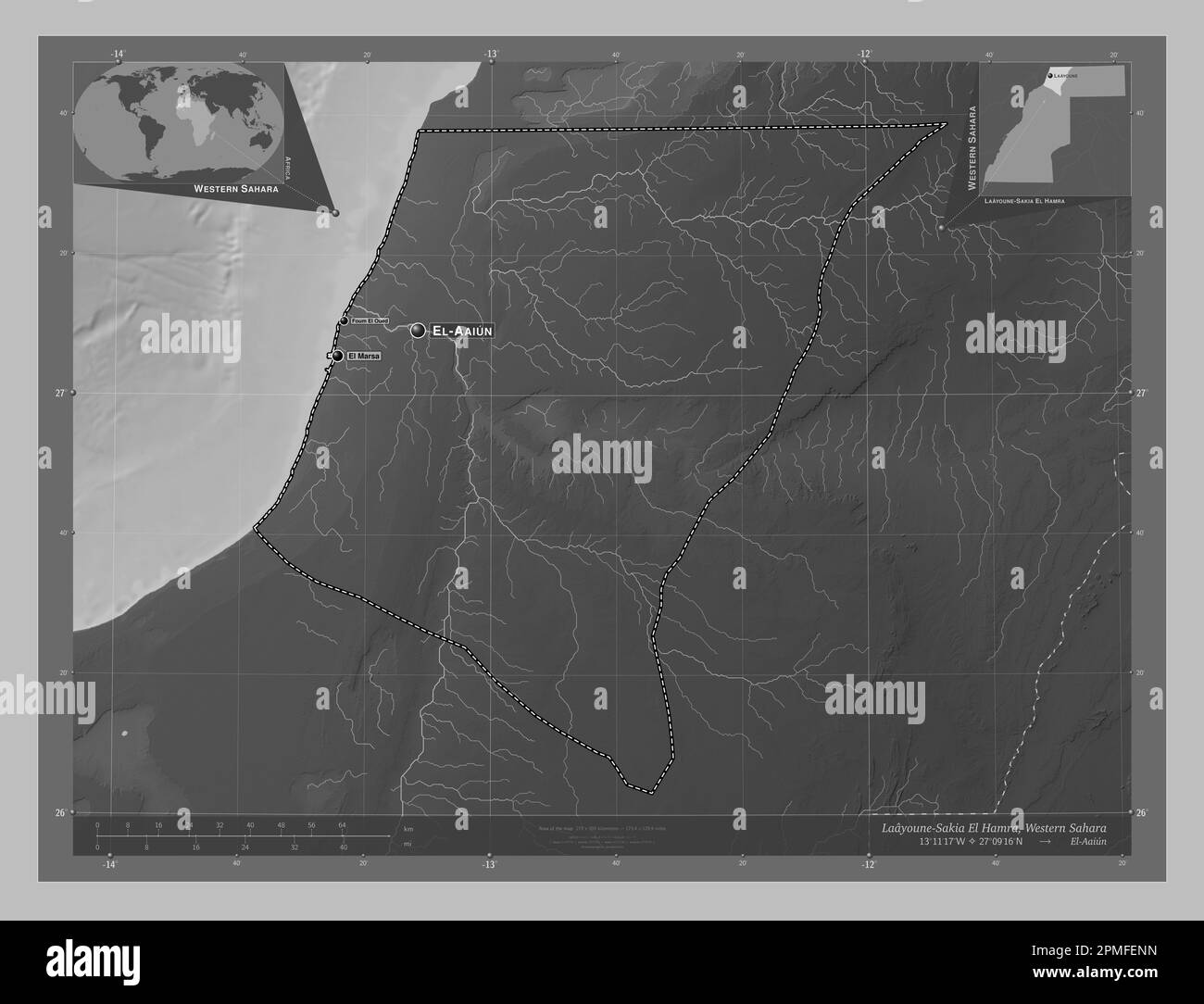 Laayoune-Sakia El Hamra, province of Western Sahara. Grayscale ...
