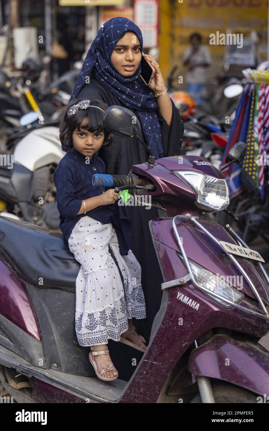 India, Tamil Nadu, Madurai, muslim woman and her daughter Stock Photo ...