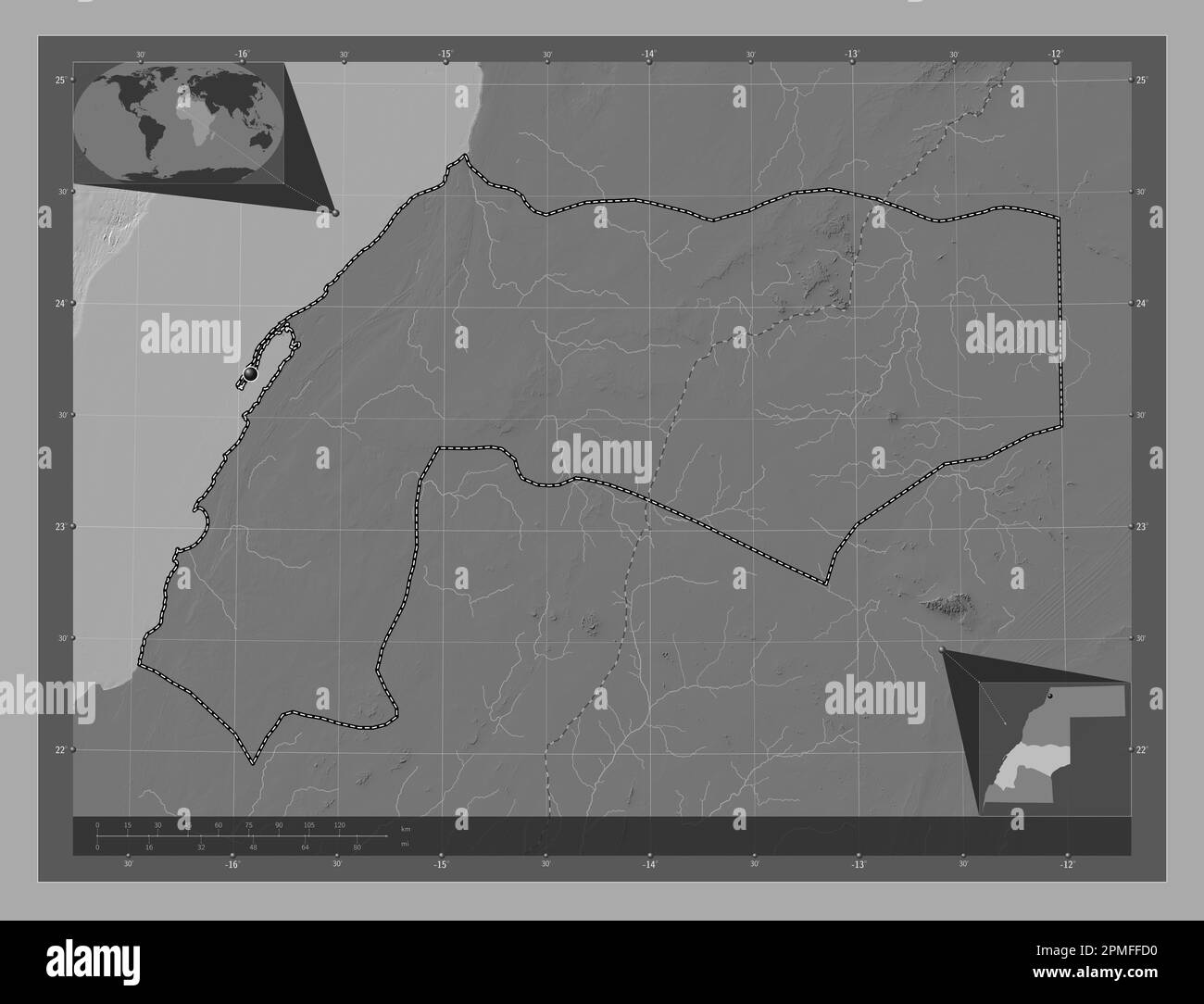 Dakhla-Oued Ed-Dahab, province of Western Sahara. Bilevel elevation map ...