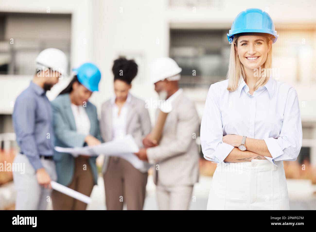 Architecture, engineer and portrait of woman with smile for building ...