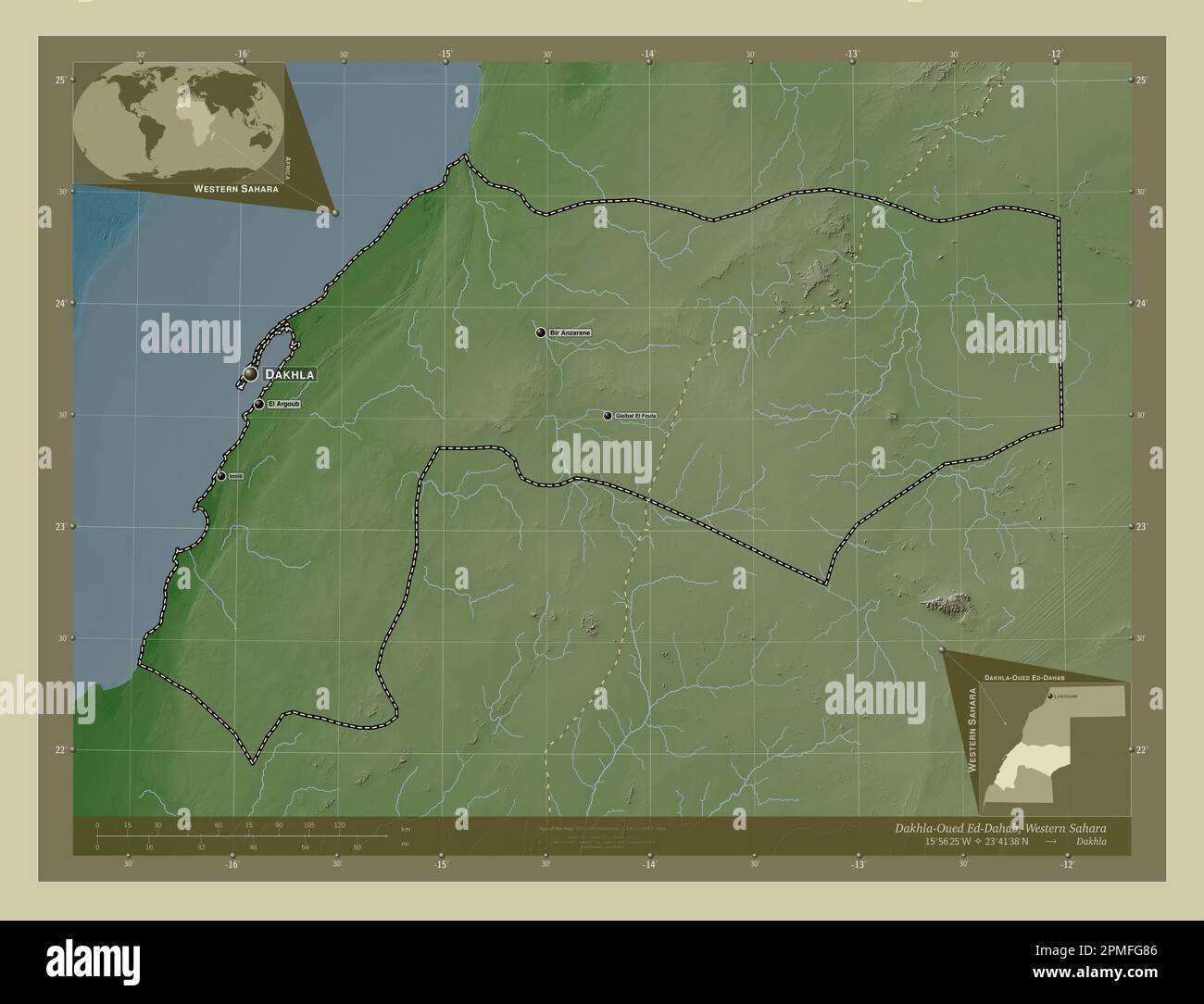 Dakhla-Oued Ed-Dahab, province of Western Sahara. Elevation map colored ...