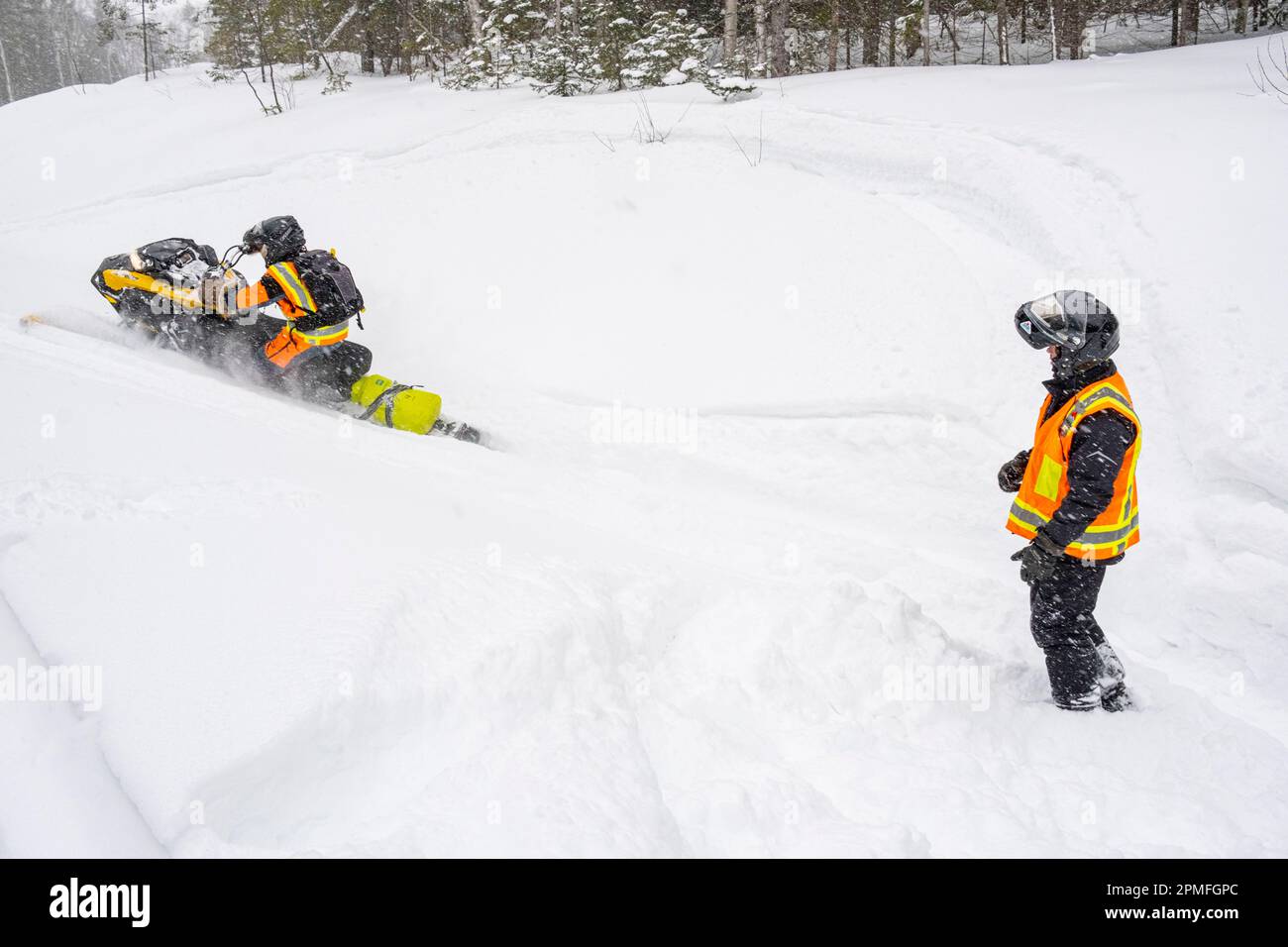 Canada, Quebec Province, Lac Taureau Regional Park, snowmobile on track ...
