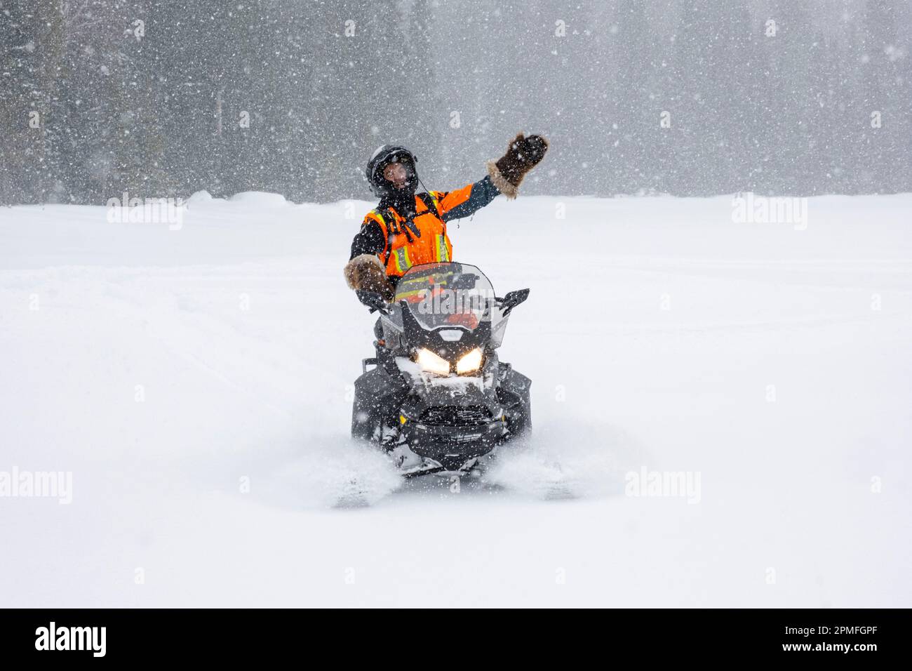 Canada, Quebec Province, Lac Taureau Regional Park, snowmobile on track ...