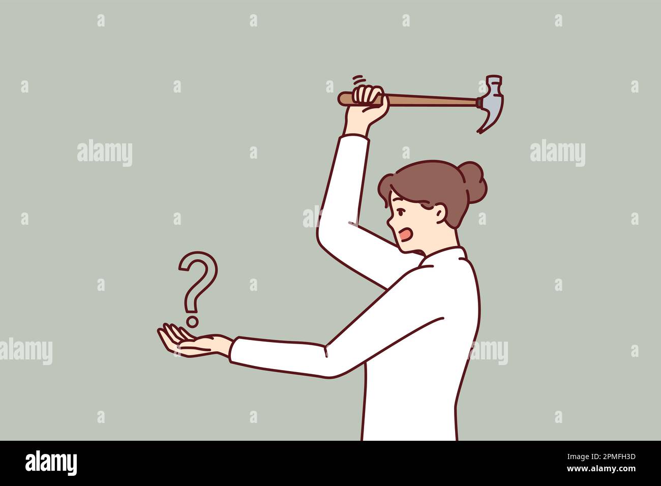 Woman swinging hammer at question mark showing courage in solving ...