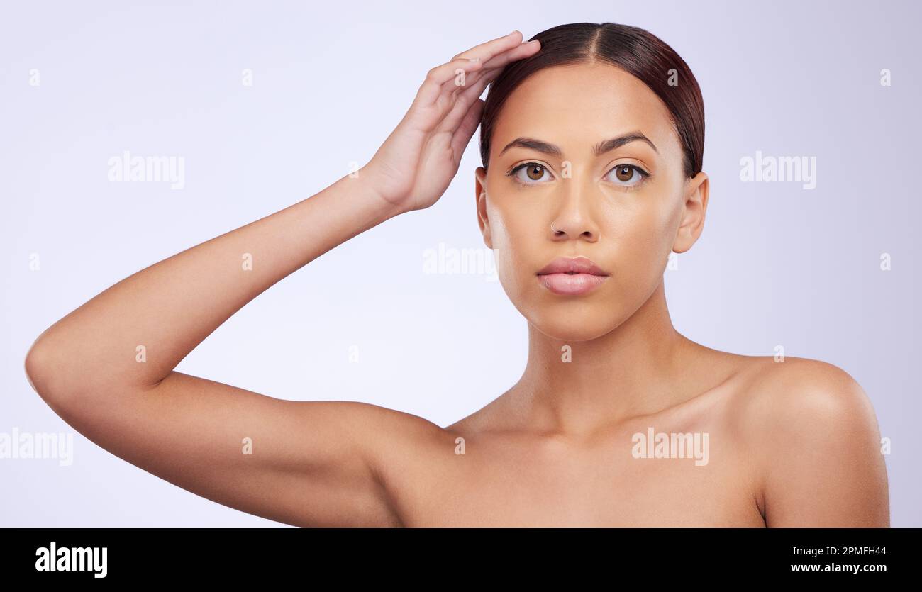 Hand, portrait or natural makeup on woman in studio isolated on white ...