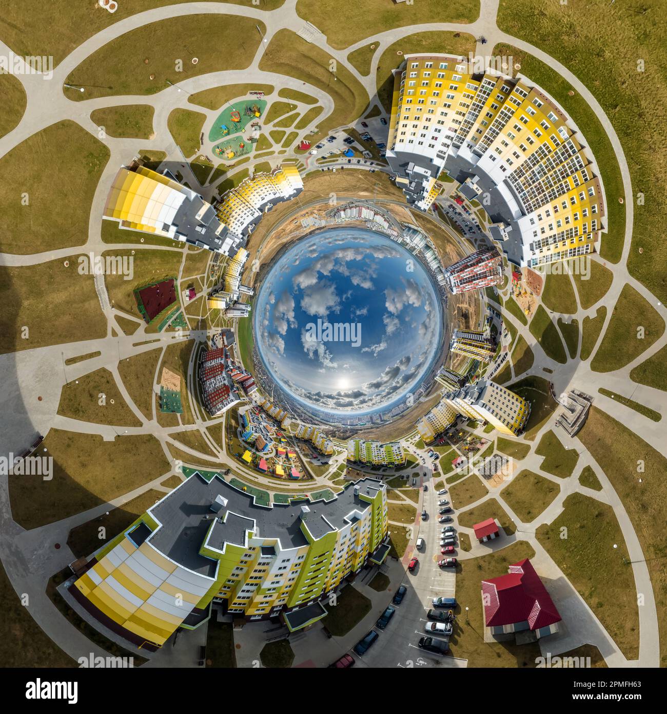 blue sphere inside overlooking skyscrapers in new modern residential ...
