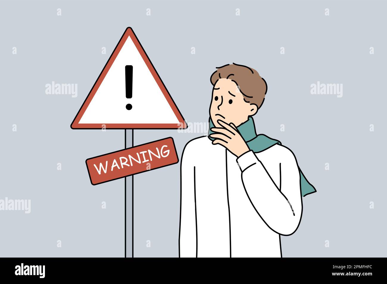 Anxious man standing near warning sign. Worried unhappy guy look at ...