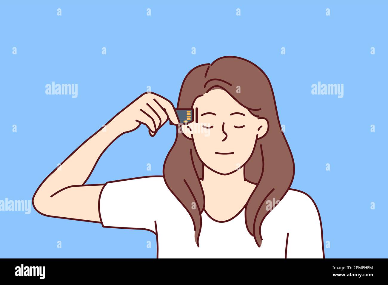 Woman robot closing eyes applies memory card to head, symbolizing ...