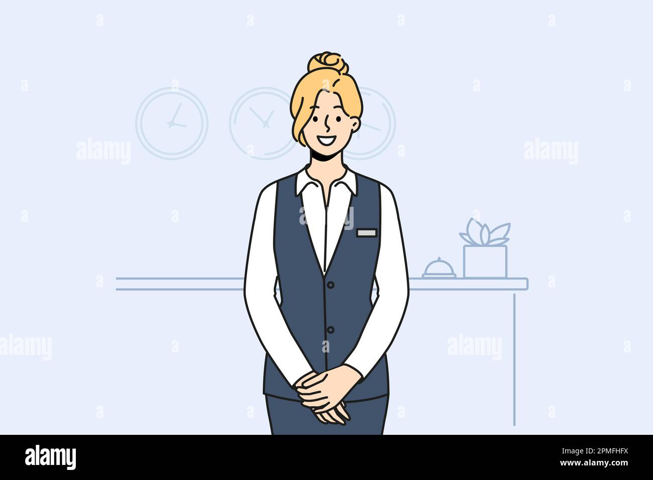 Smiling female receptionist in uniform posing at counter in hotel ...