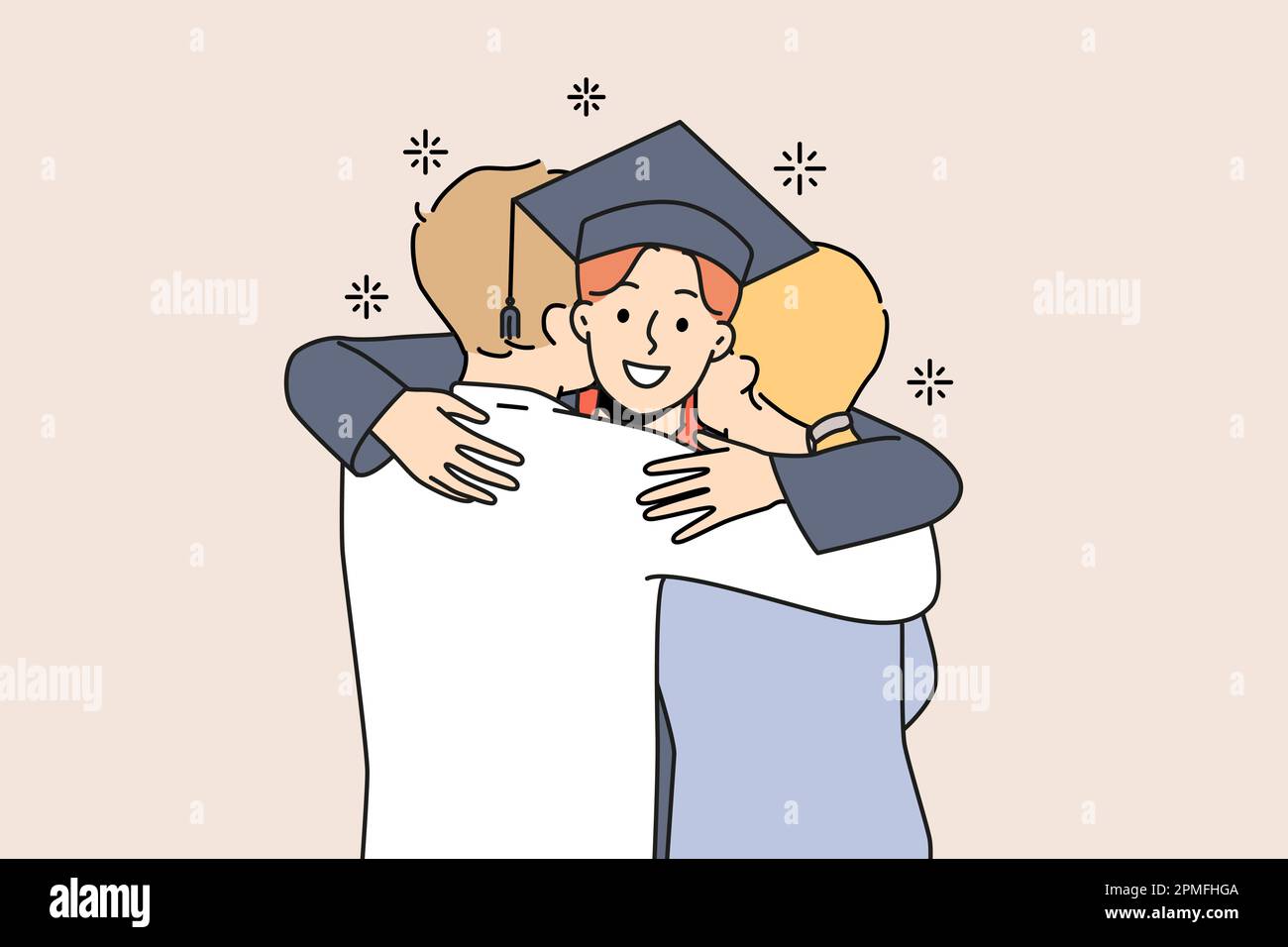 Smiling student in graduation robe and hat hug excited parents greeting ...