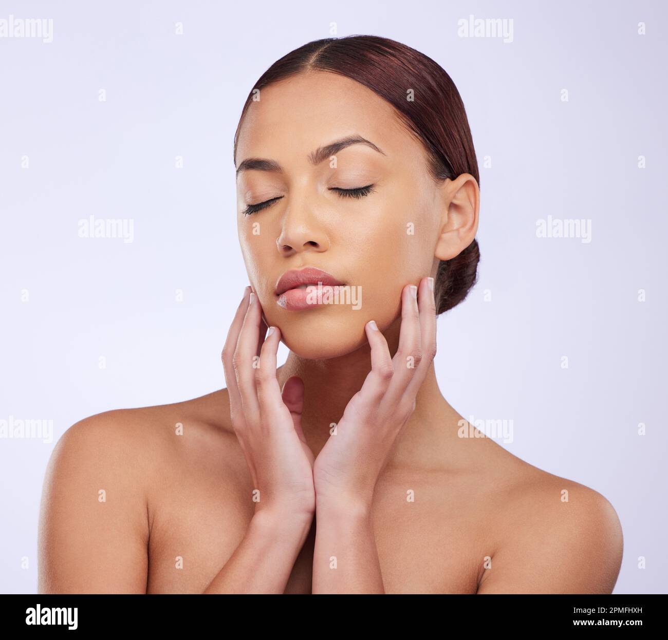 Face, eyes closed or girl with natural beauty or skincare in studio ...