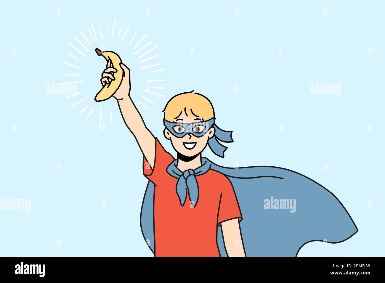 Smiling boy child in superhero costume hold fresh banana in hand. Happy ...