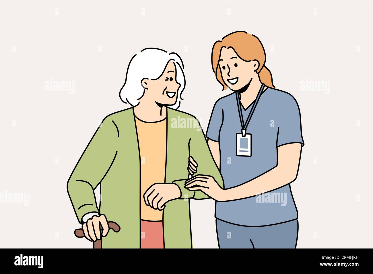 Smiling female caregiver help mature woman with walking. Happy nurse in ...