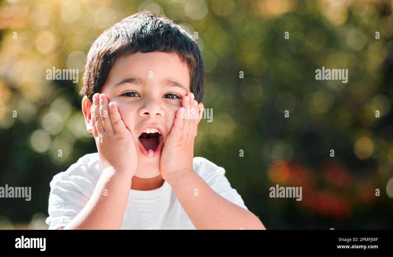 Portrait, surprise and boy in a park with happiness and wow face on ...