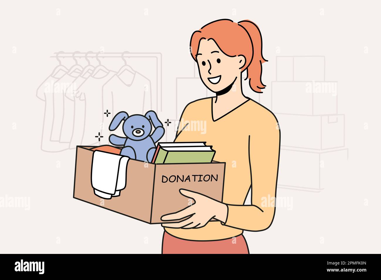 Smiling woman with box with personal belongings donate to charity shop ...