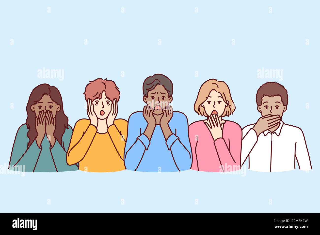 Frightened diverse people open mouths touch faces and experience shock ...