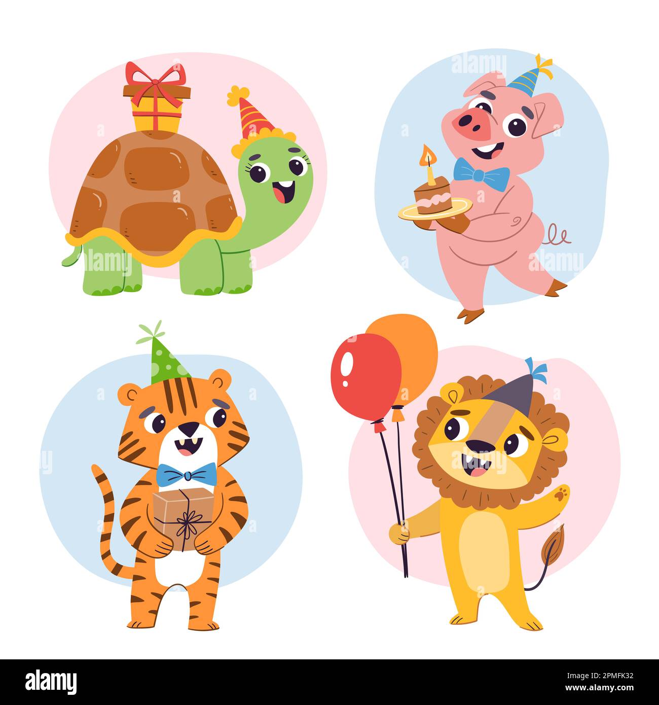 Birthday animal set. Cartoon cute animals with gifts, balloons and ...