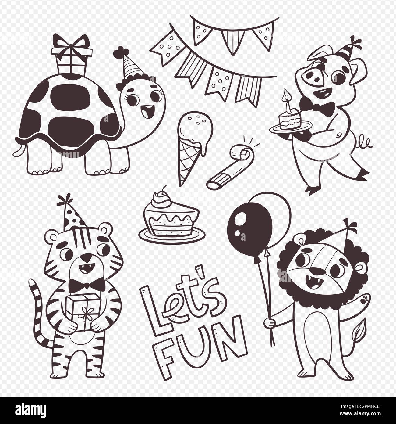 Birthday animals and decorative elements. Four cute animals with gifts ...