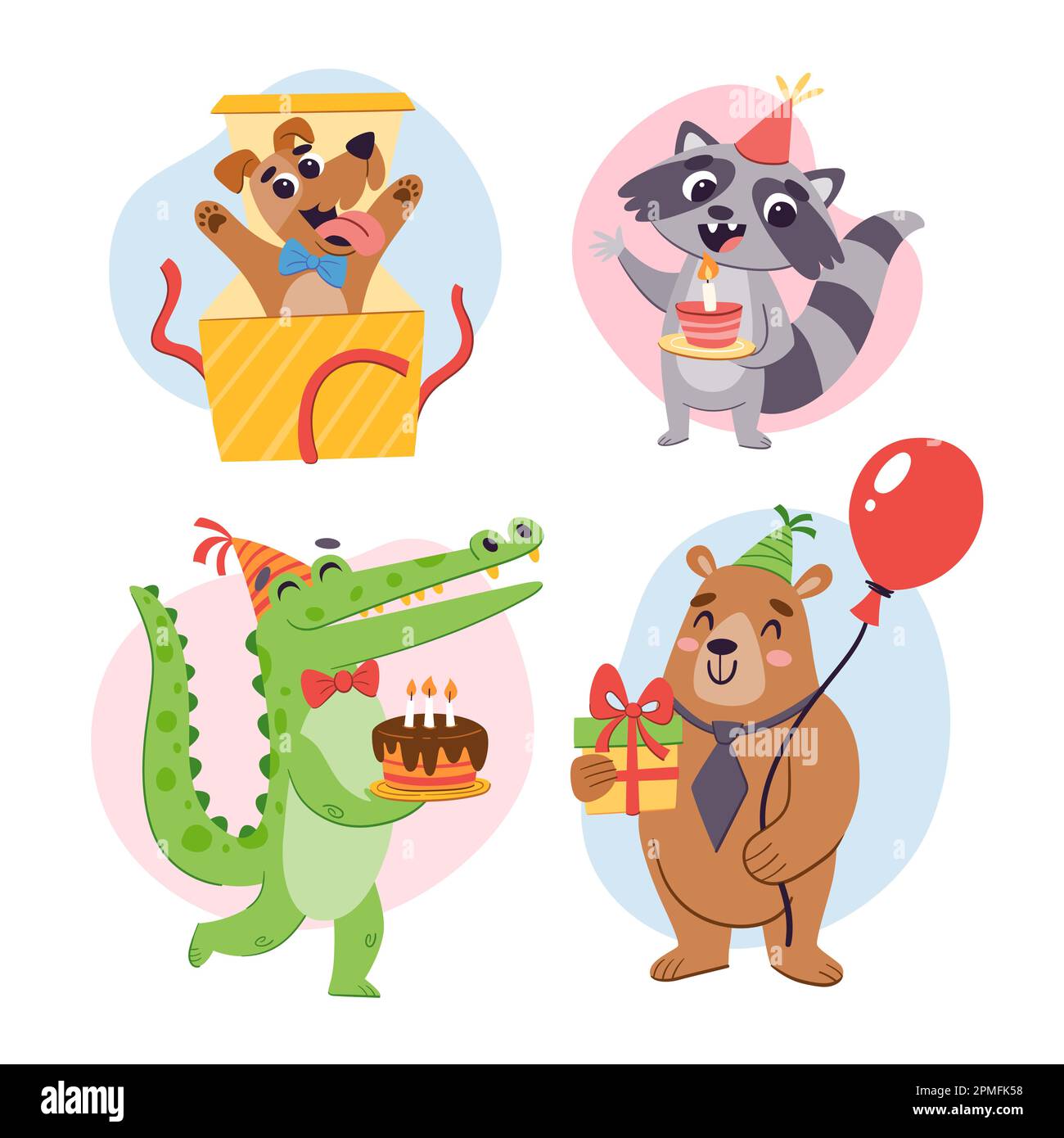 Birthday animal set. Cartoon cute animals with gifts, ballons and ...