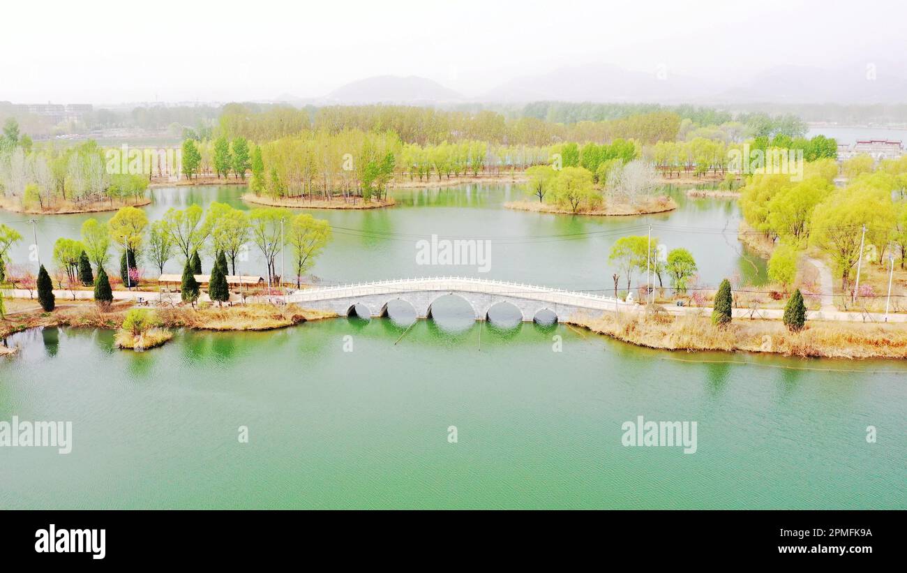 Aerial photo shows the spring scenery of the Changgou Wetland Park in ...