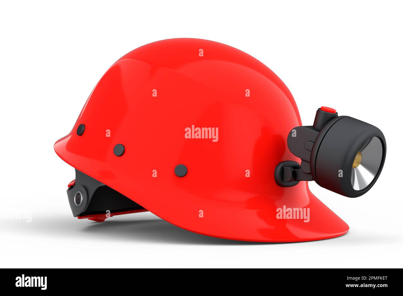 Red safety helmet or hard cap with flashlight isolated on white ...