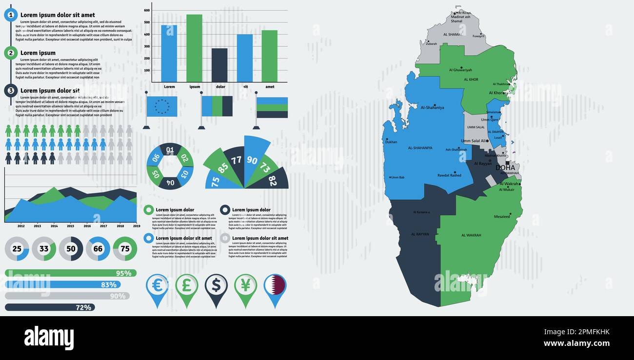 Detailed Qatar map with infographic elements. Vector illustration Stock ...