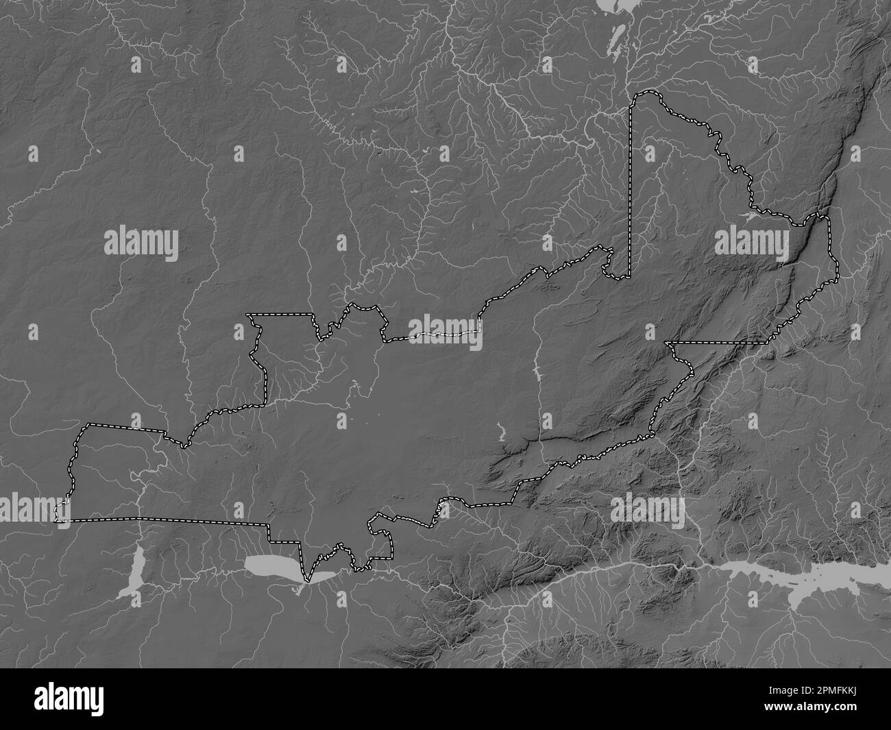 Central, region of Zambia. Grayscale elevation map with lakes and ...