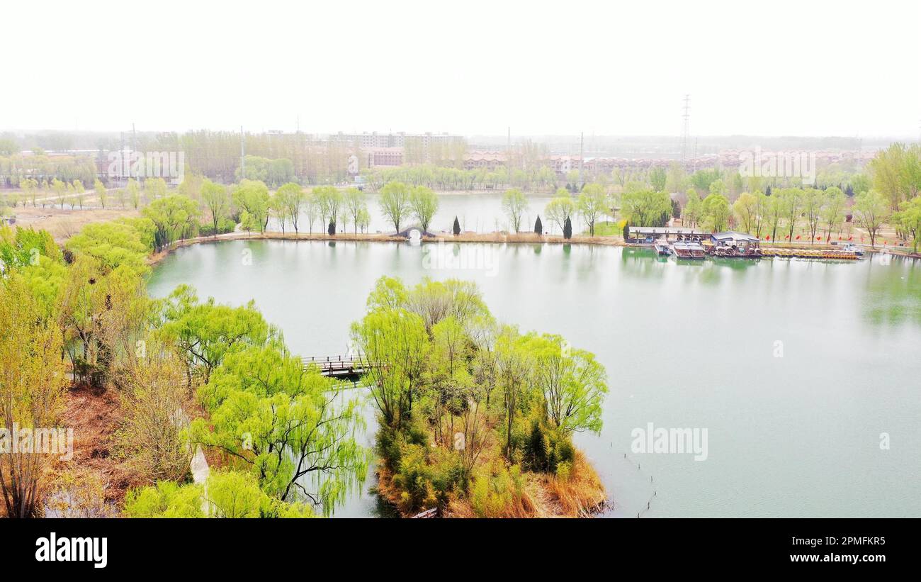 Aerial photo shows the spring scenery of the Changgou Wetland Park in ...